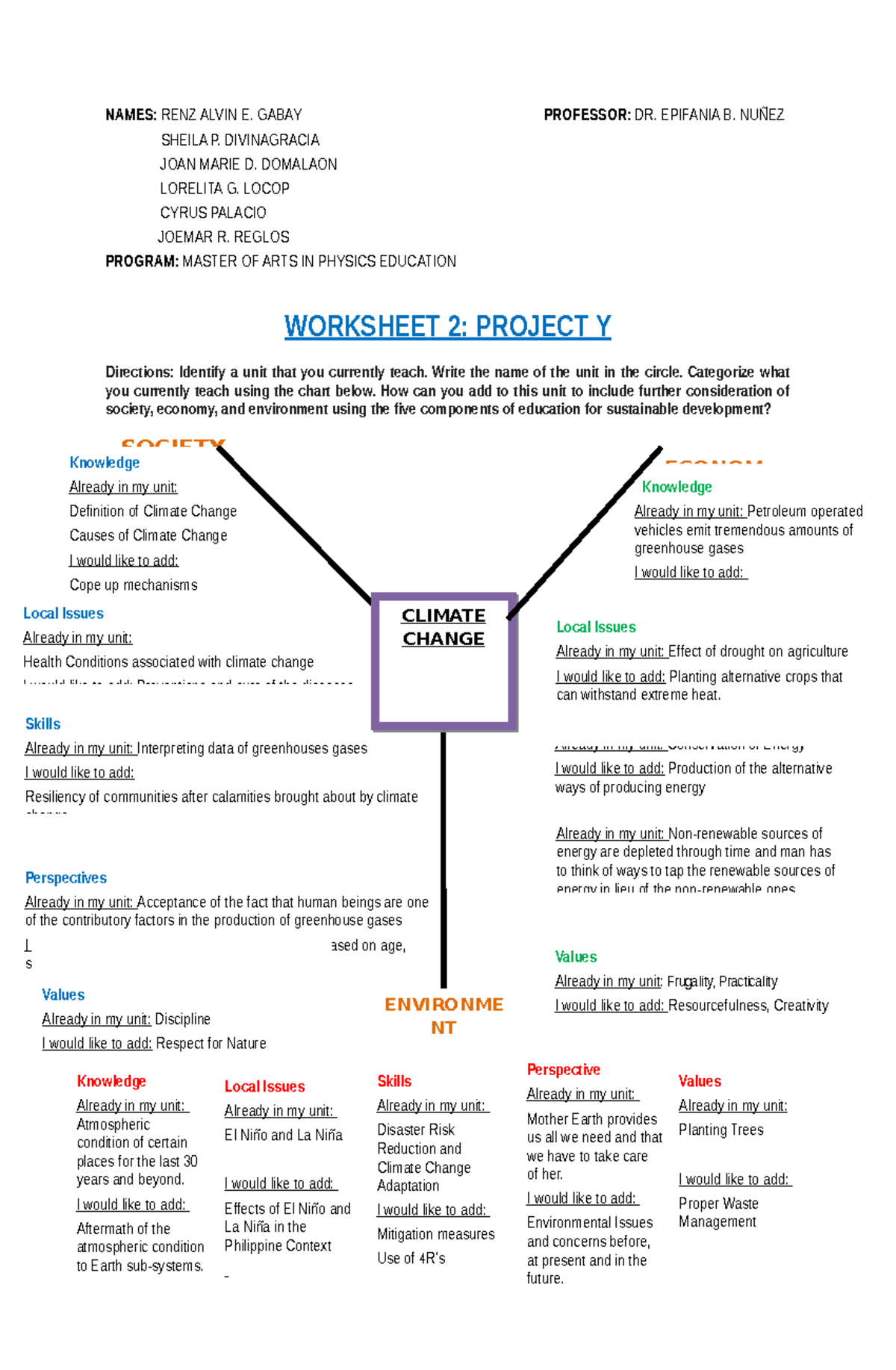 347003563 Project y Worksheet - NAMES: RENZ ALVIN E. GABAY PROFESSOR ...