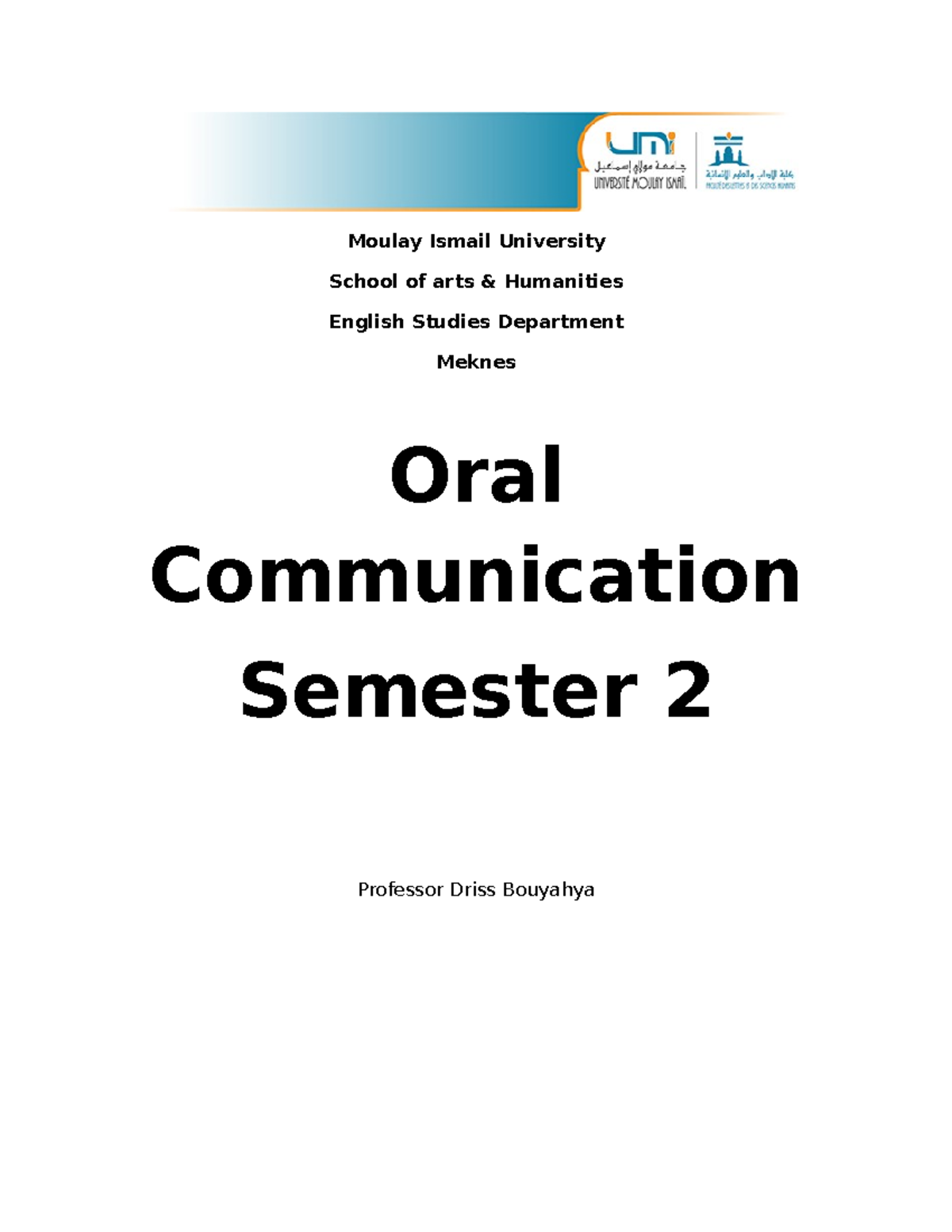 Introduction to Oral Communication Course. - Moulay Ismail University ...