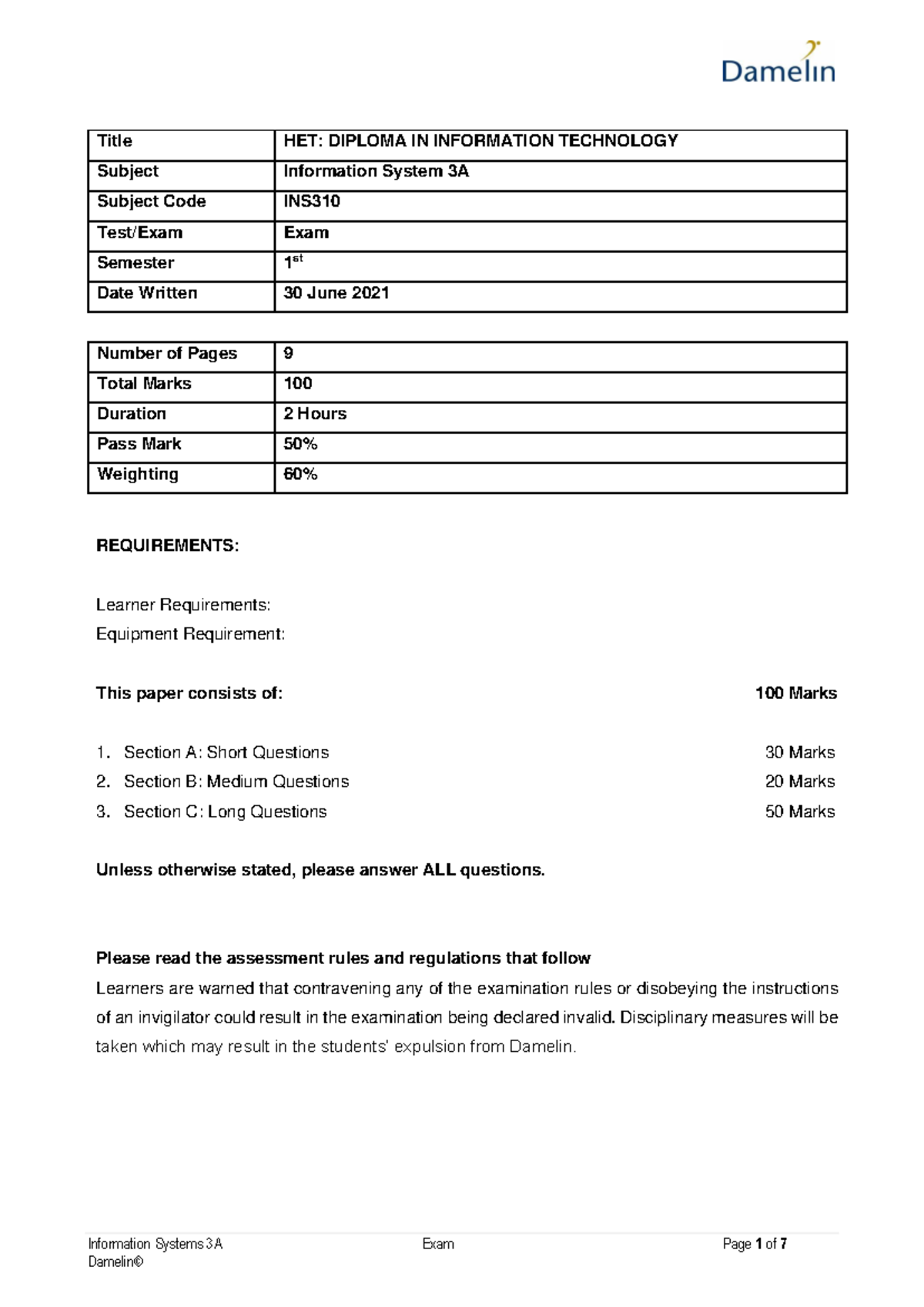 Information Systems 3A (exam) 2021 - Information Systems 3A Exam Page 1 ...
