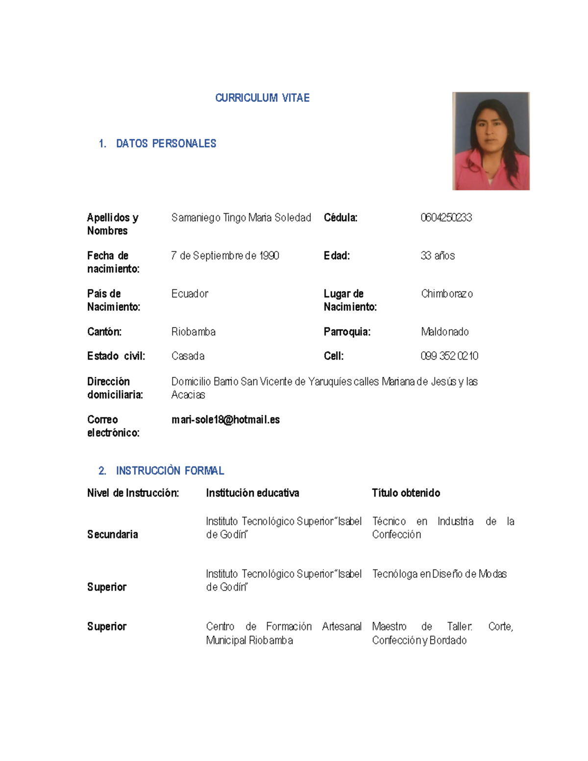 Hoja de Vida Soledad Samaniego - CURRICULUM VITAE 1. DATOS PERSONALES Apellidos y Nombres ...