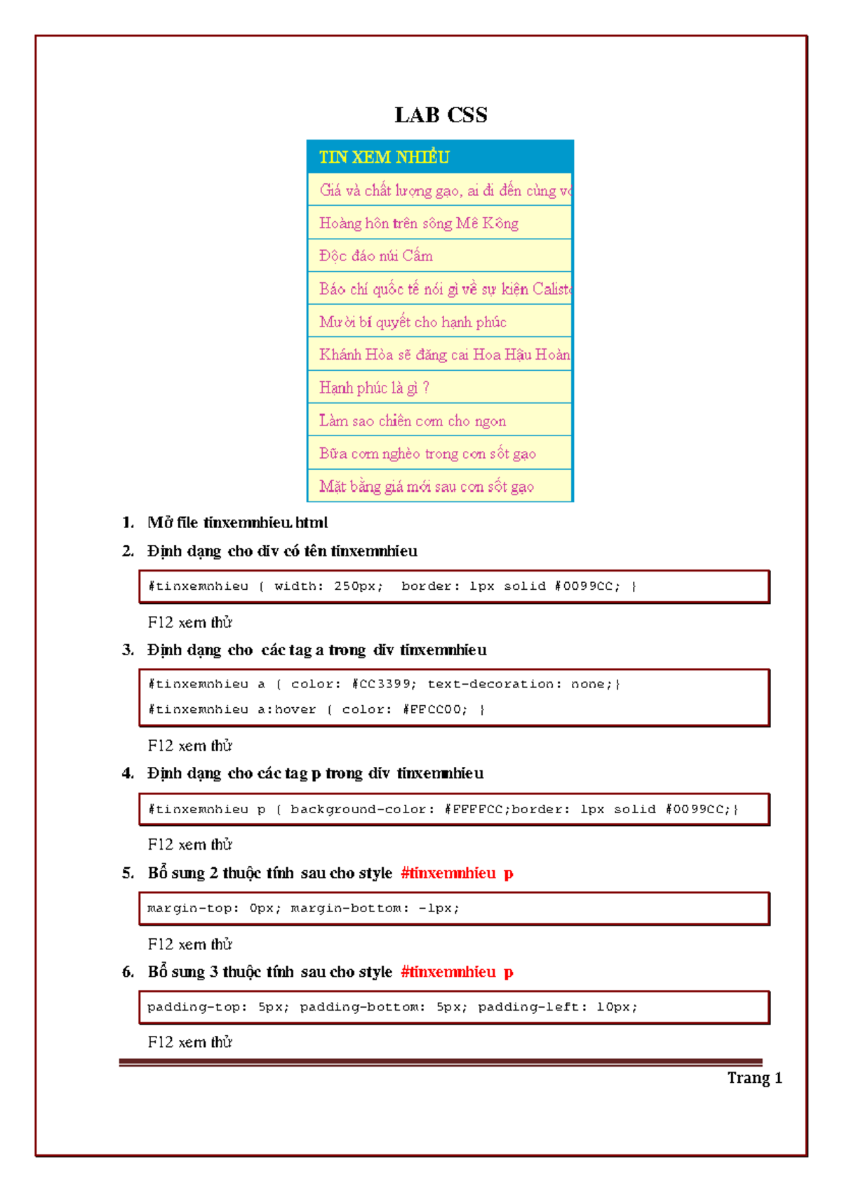 01-Lab CSS 1 - Không đúng - Trang 1 LAB CSS 1. Mở file tinxemnhieu 2. Định dạng cho div có tên ...