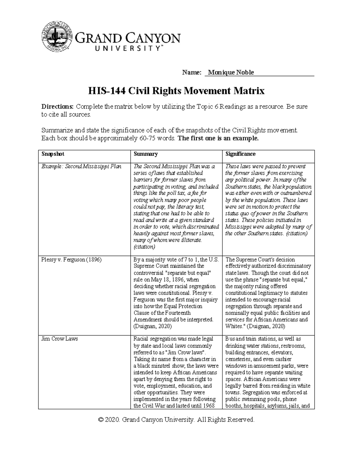 Civil Rights Movement Matrix Online - Name: Monique Noble HIS-144 Civil ...