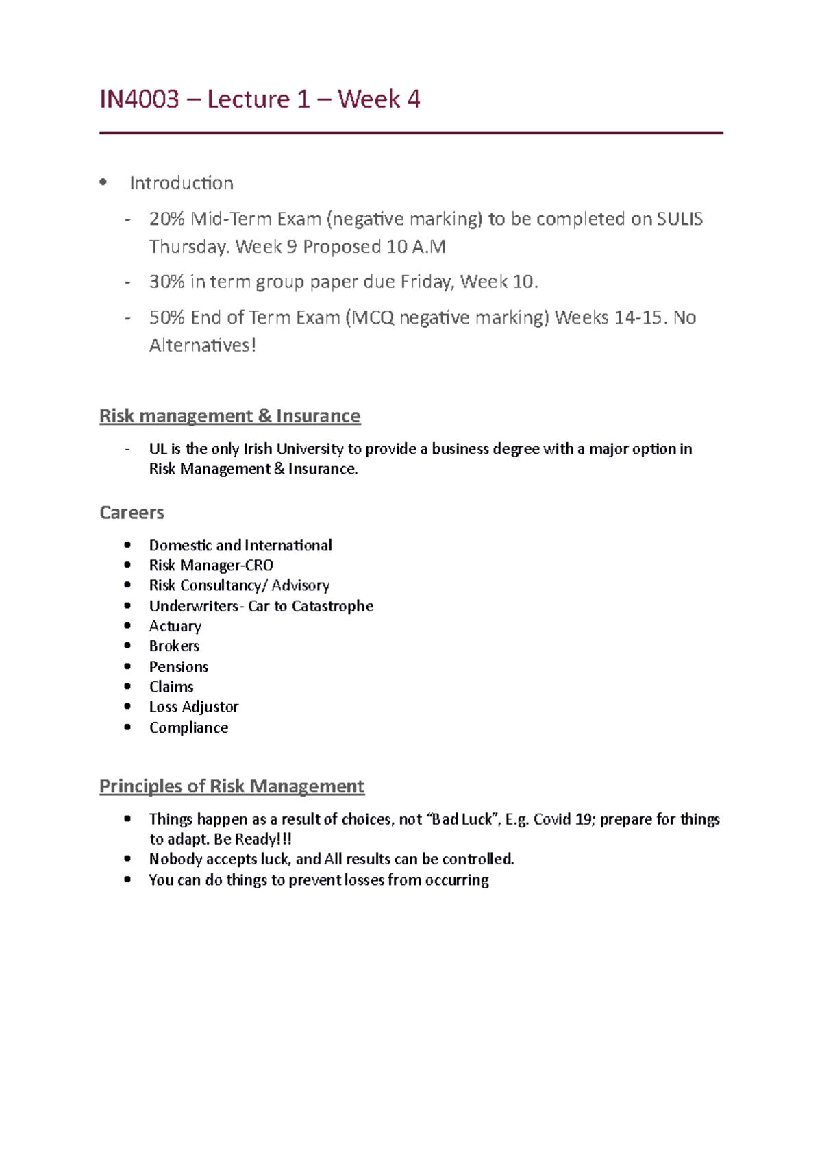 IN4003 - Lecture 1 - Week 4 - IN4003 – Lecture 1 – Week 4 Introduction - 20% Mid-Term Exam - Studocu