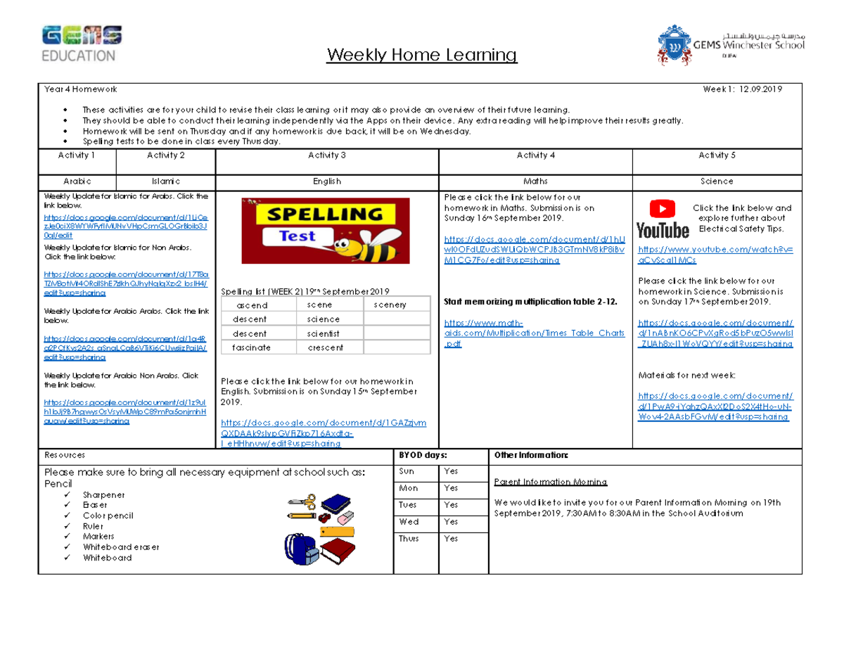 Year 4 Home Learning 12th September 2019 - Year 4 Homework Week 1: 12 ...