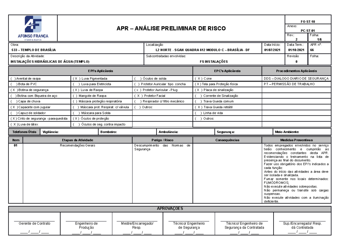 APR - 66 - Instalação Hidráulica - APR – ANÁLISE PRELIMINAR DE RISCO ...