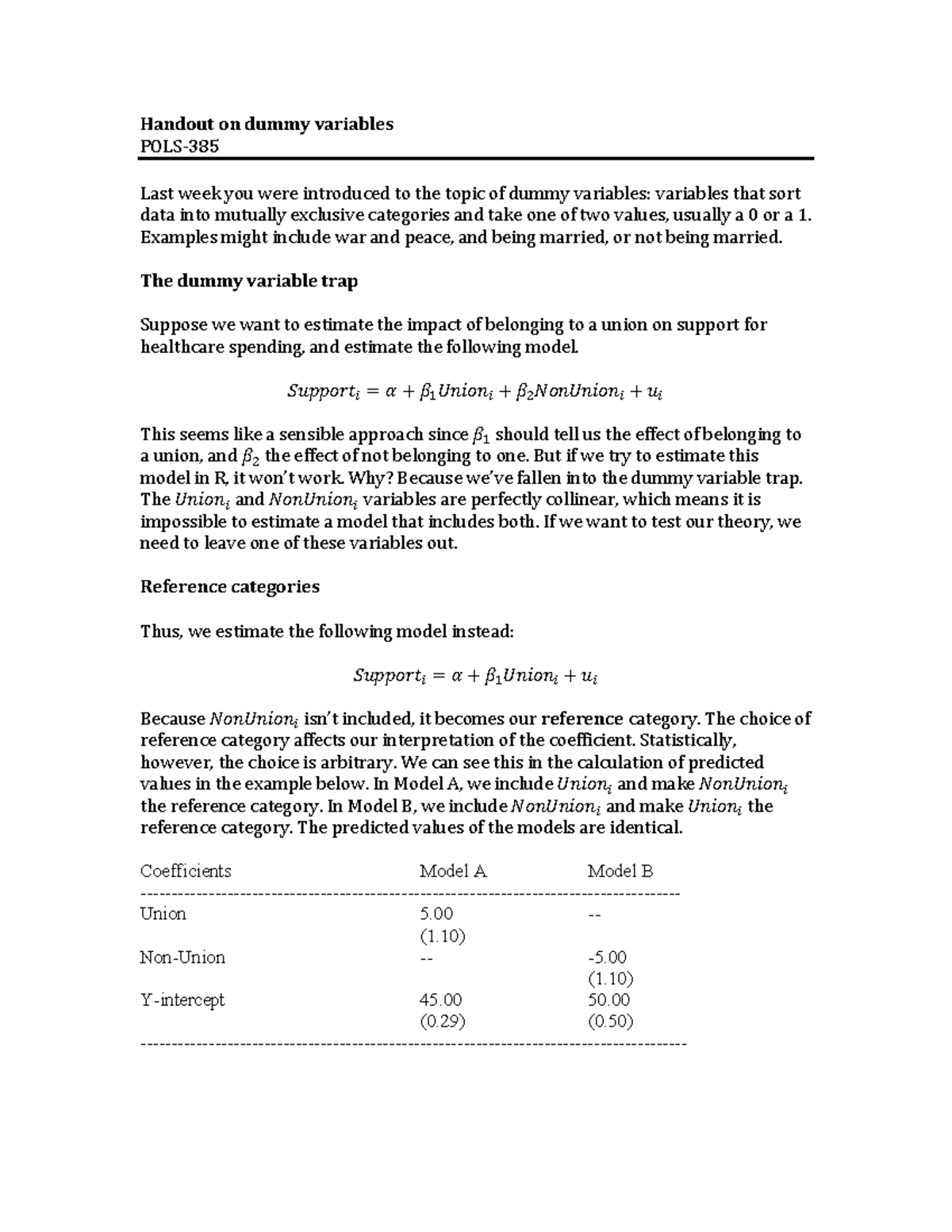 Dummy Variable Handout Tips Handout On Dummy Variables Pols 385 Last Week You Were