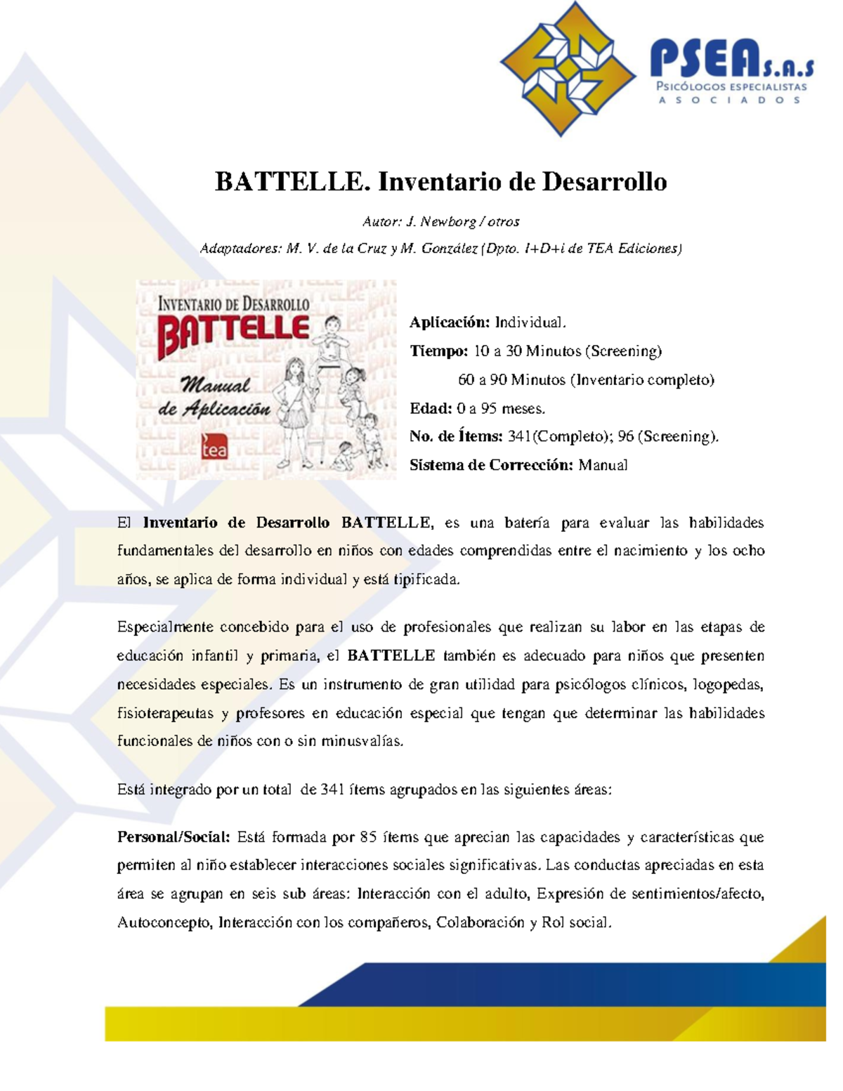 Batelle - BATTELLE. Inventario de Desarrollo Autor: J. Newborg / otros ...