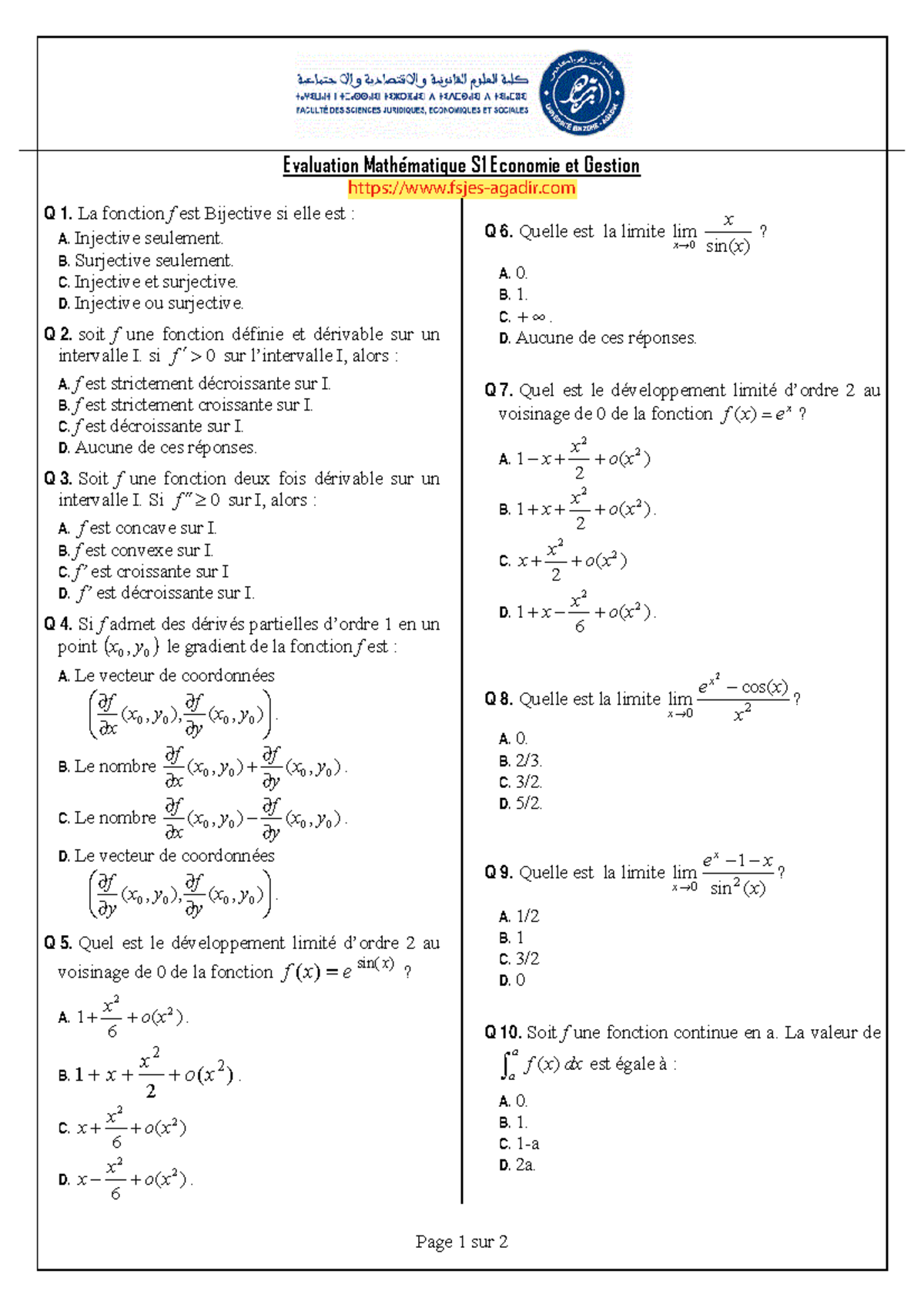 Evaluation Mathématique S1 Economie et Gestion - Q 1. - Studocu