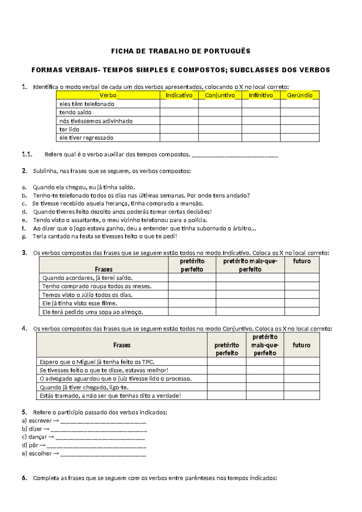 Verbos-tempossimplesecompostos - FICHA DE TRABALHO DE PORTUGUÊS FORMAS ...