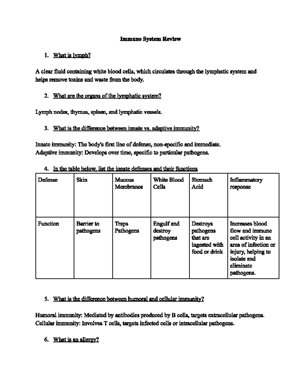 Immune System Review Completed - Biology - Studocu