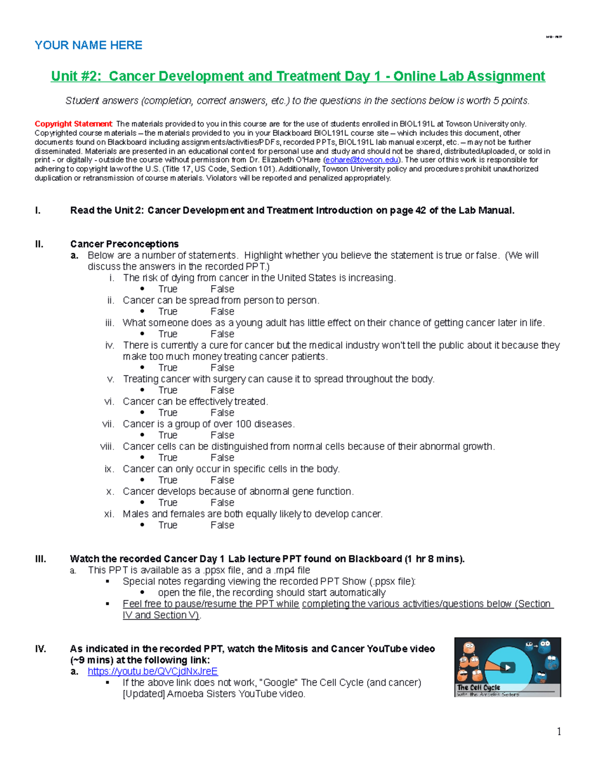 Cancer Lab Day 1 - Online Lab Assignment(1) - YOUR NAME HERE Unit #2 ...