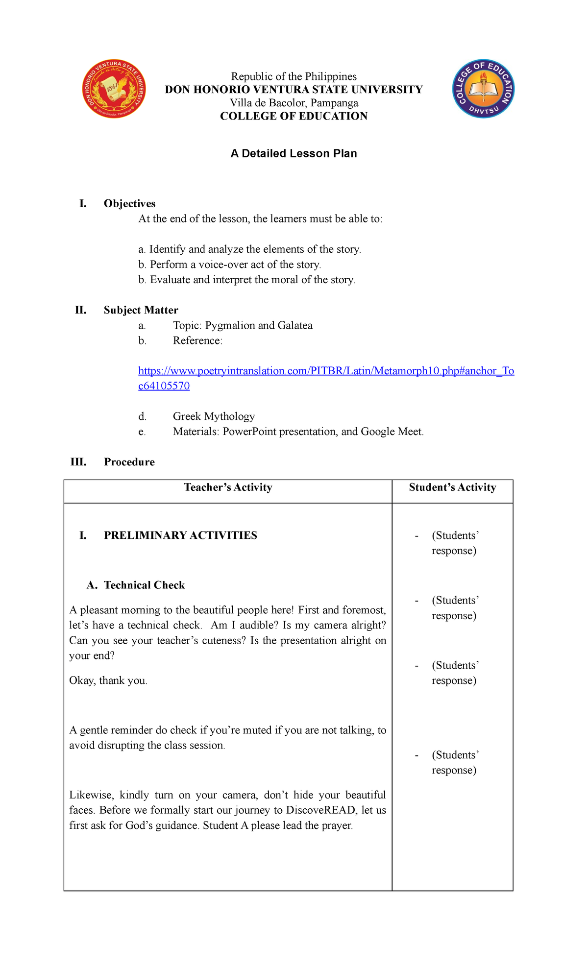 Pygmalion and Galatea ( Final 2 - Republic of the Philippines DON ...