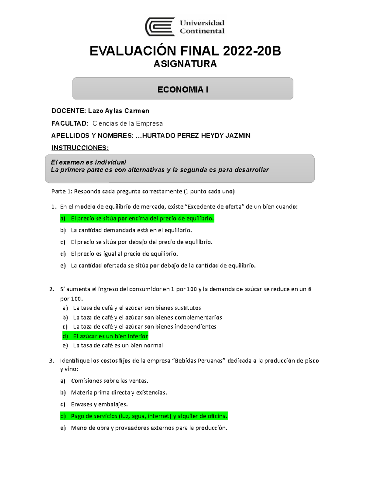 Evaluacion Final Economia- Hurtado - EVALUACIÓN FINAL 2022-20B ASIGNATURA DOCENTE: Lazo Aylas ...