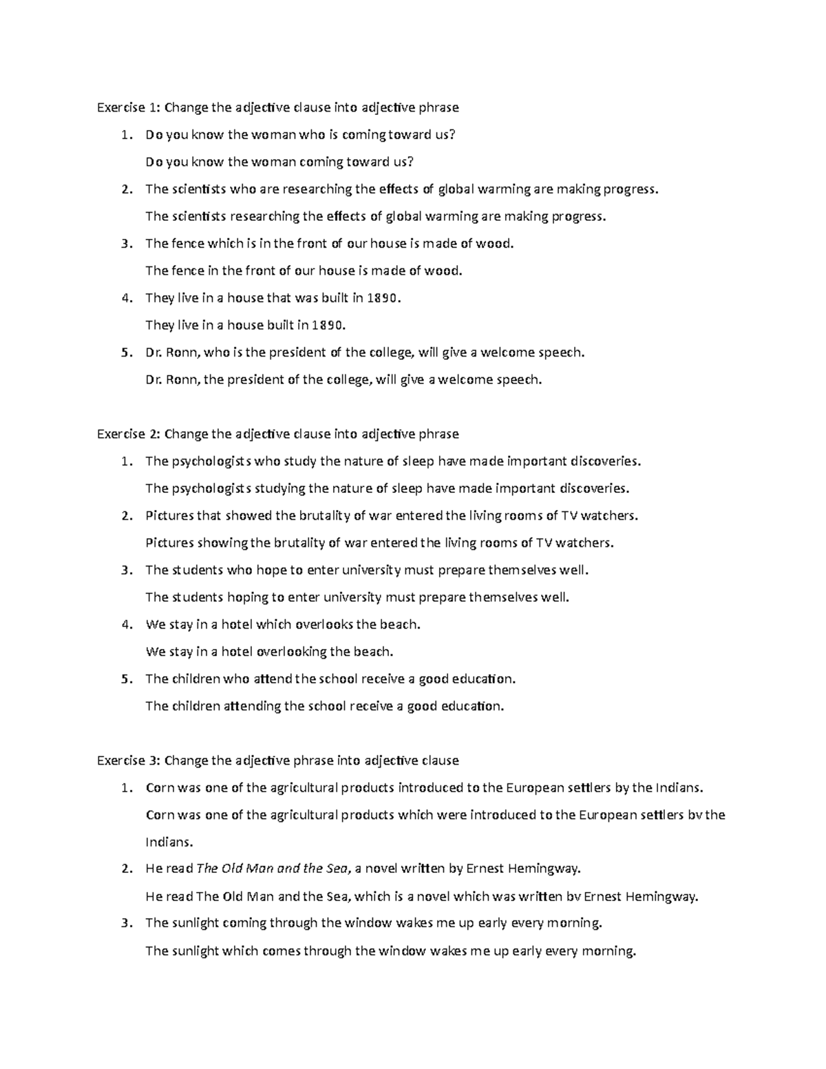 Jawaban Exercise reduced Clause - Exercise 1: Change the adjective ...