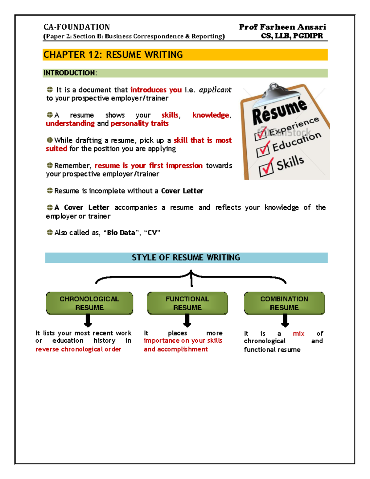 CAFC Business Communication Chp 12 Resume Writing - Prof Farheen Ansari ...