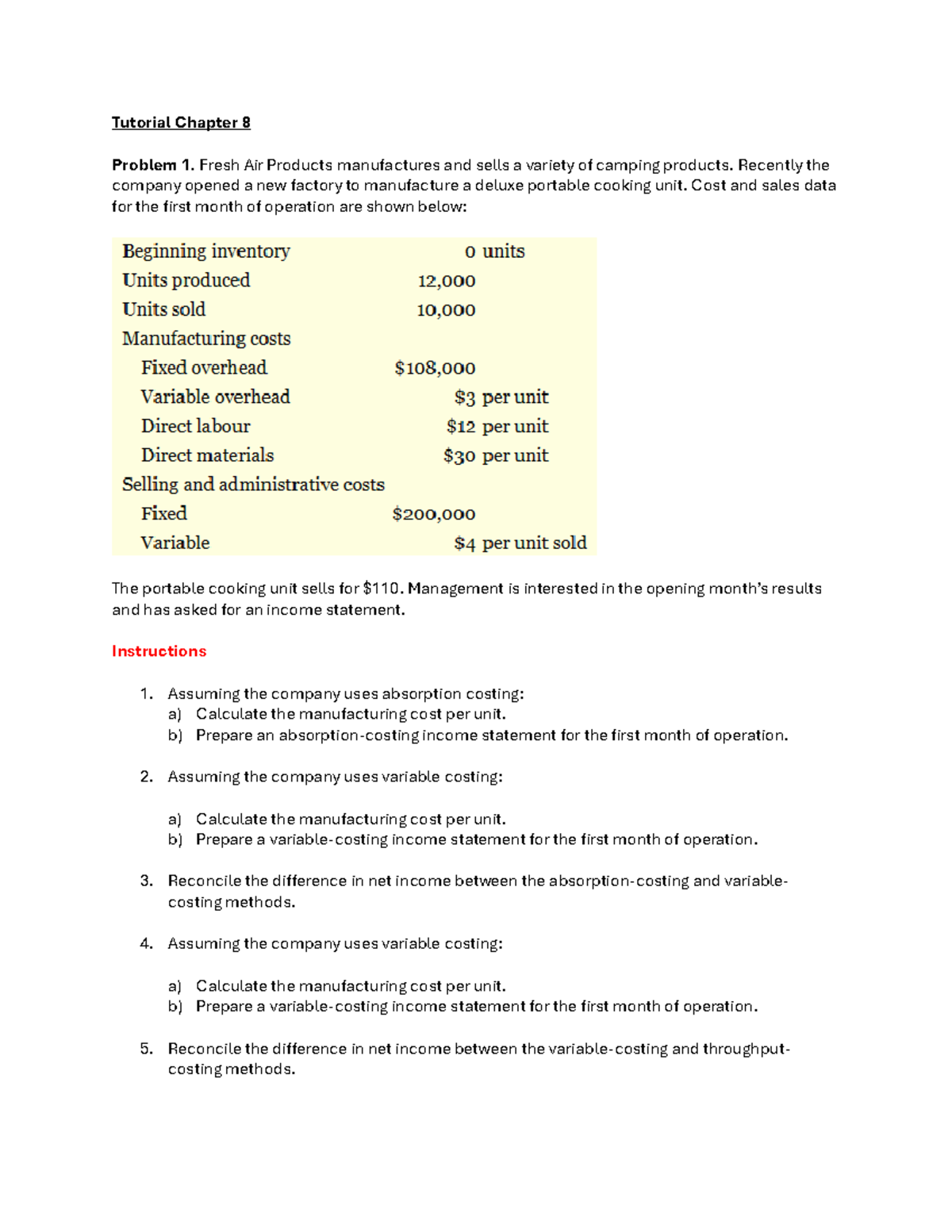 Chapter 8-9 theory - Tutorial Chapter 8 Problem 1. Fresh Air Products manufactures and sells a ...