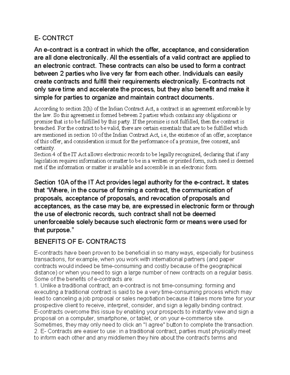 E- Contract - E- CONTRCT An e-contract is a contract in which the offer ...