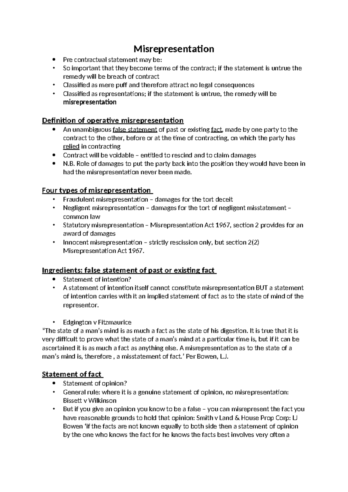 Misrepresentation - Lecture Notes - Misrepresentation Pre contractual ...