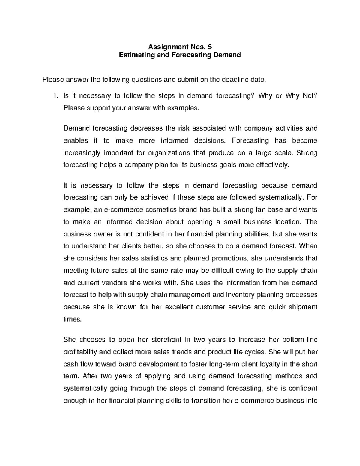 Assignment No. 5 Estimating and Forecasting Demand - Assignment Nos. 5 ...