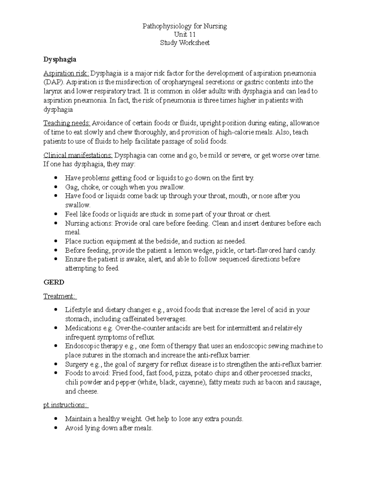 Jane worksheet 11 - Pathophysiology - Unit 11 Study Worksheet Dysphagia ...