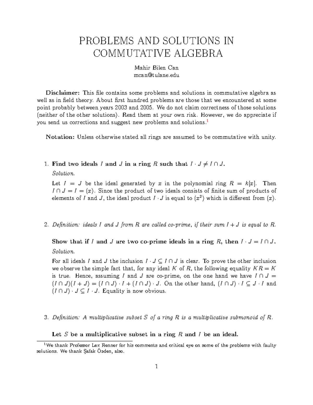 Commutative Algebra - PROBLEMS AND SOLUTIONS IN COMMUTATIVE ALGEBRA ...