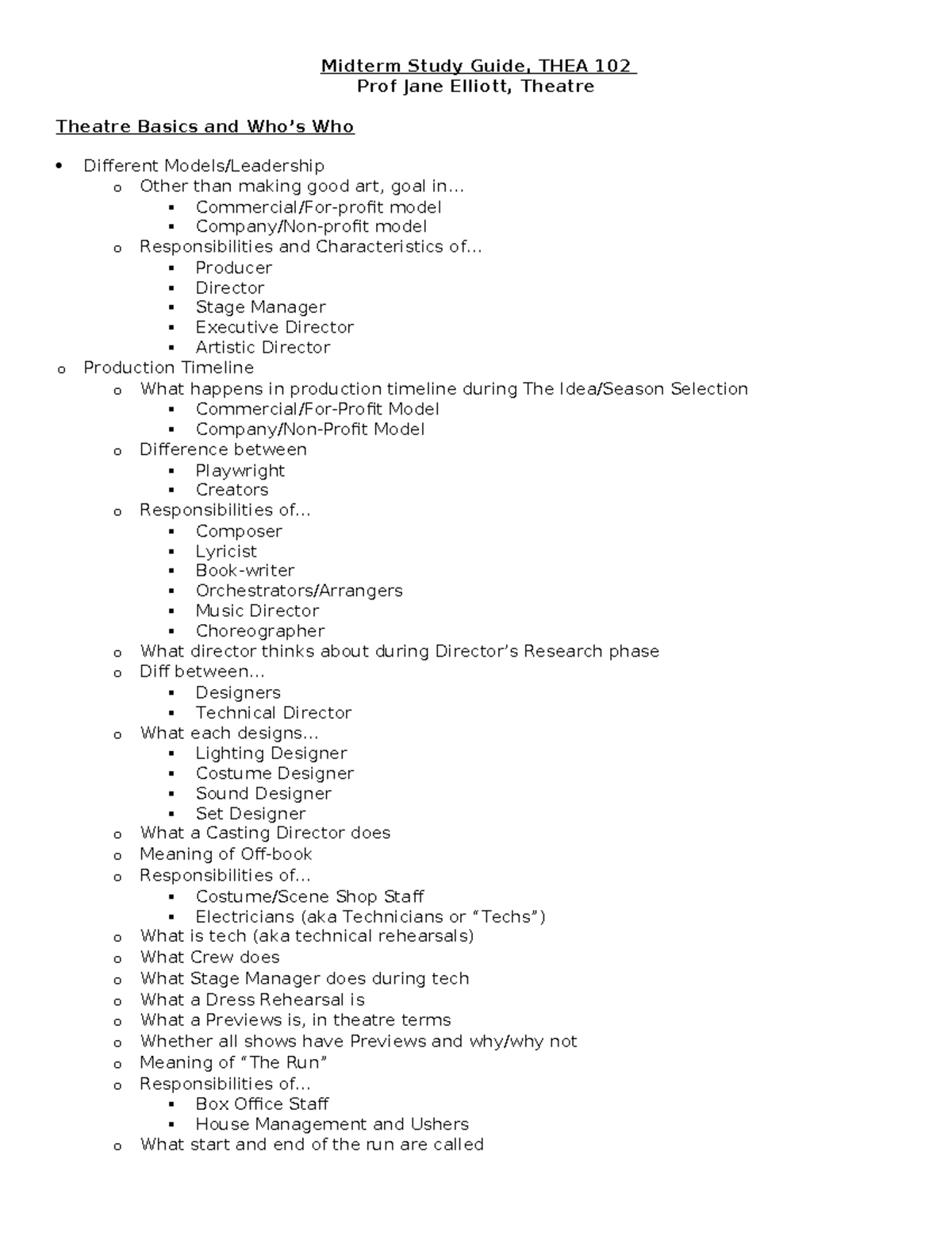 MT Study Guide 2024 - Midterm Study Guide, THEA 102 Prof Jane Elliott ...