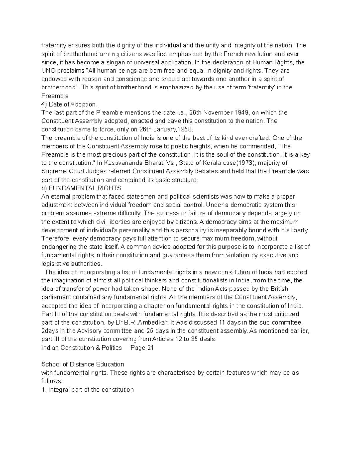 Political science - fraternity ensures both the dignity of the ...