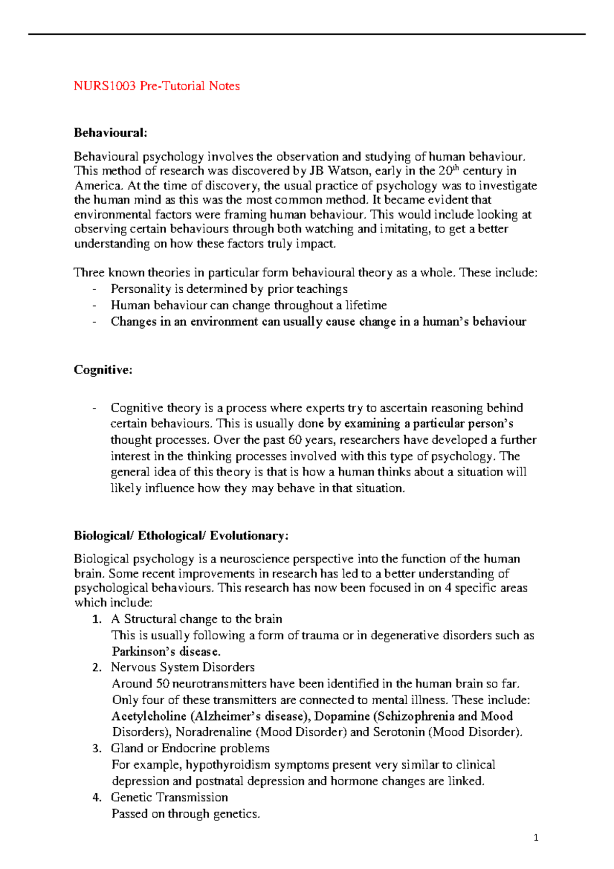 Nursing in Psychology - NURS1003 Pre-Tutorial Notes Behavioural ...