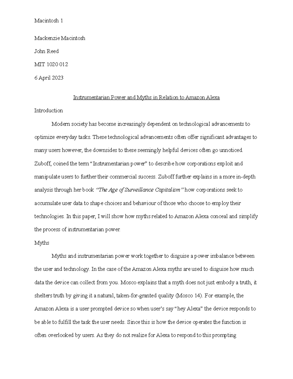 MIT 1020 Final Essay- Mackenzie Macintosh - Mackenzie Macintosh John ...