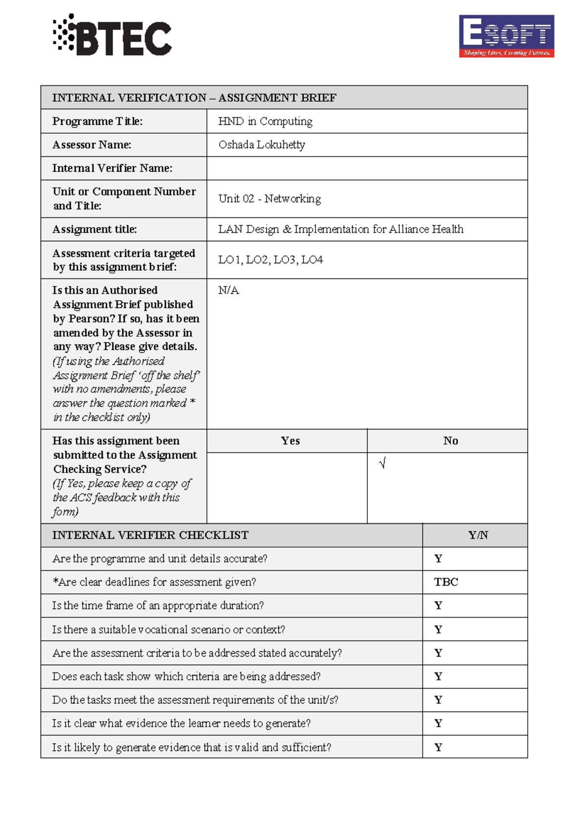 Unit 02 Networking Assignment Crds Internal Verification Assignment Brief Programme Title