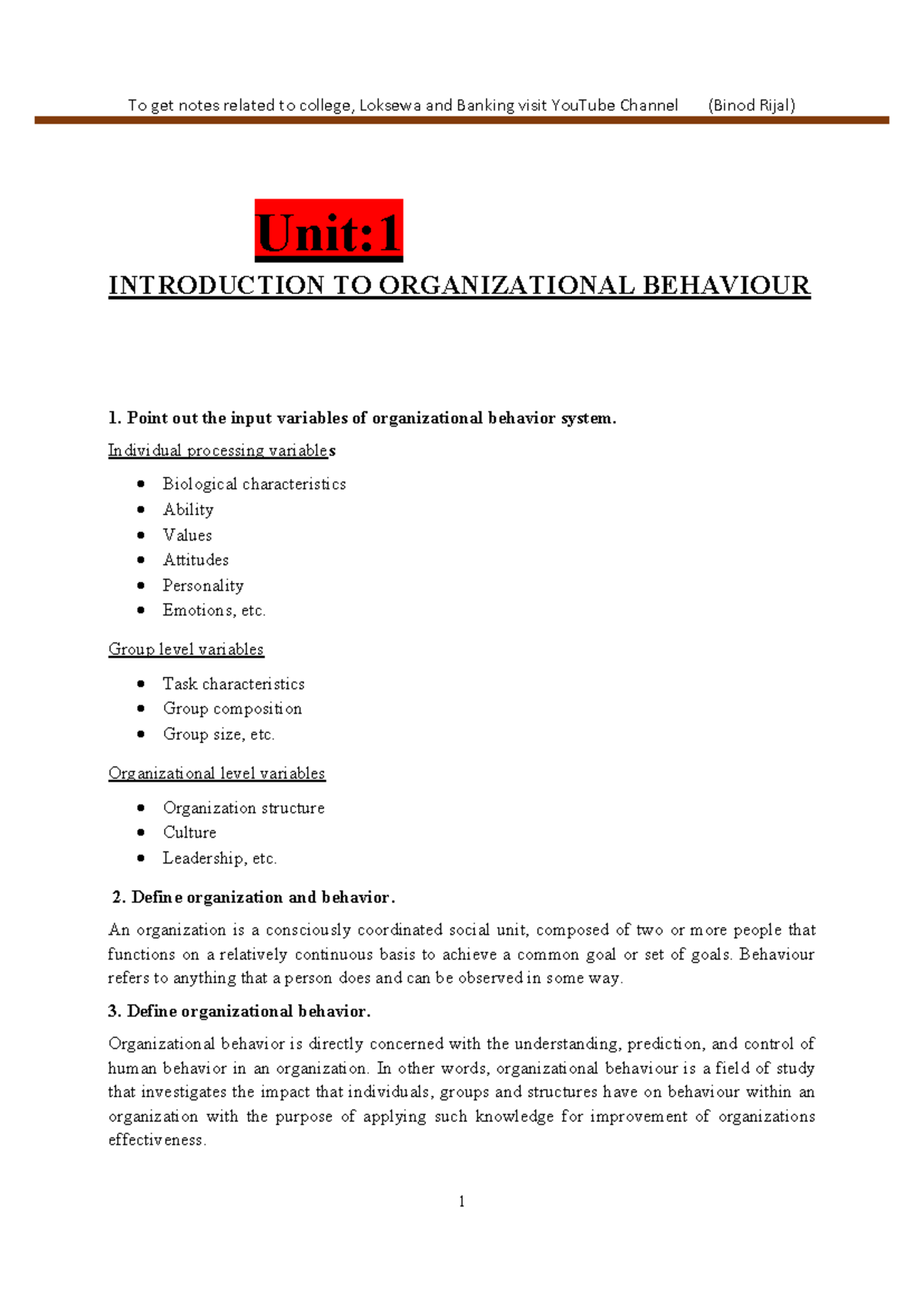 Organizational Behavior Complete Notes Download PDF organized - Unit ...