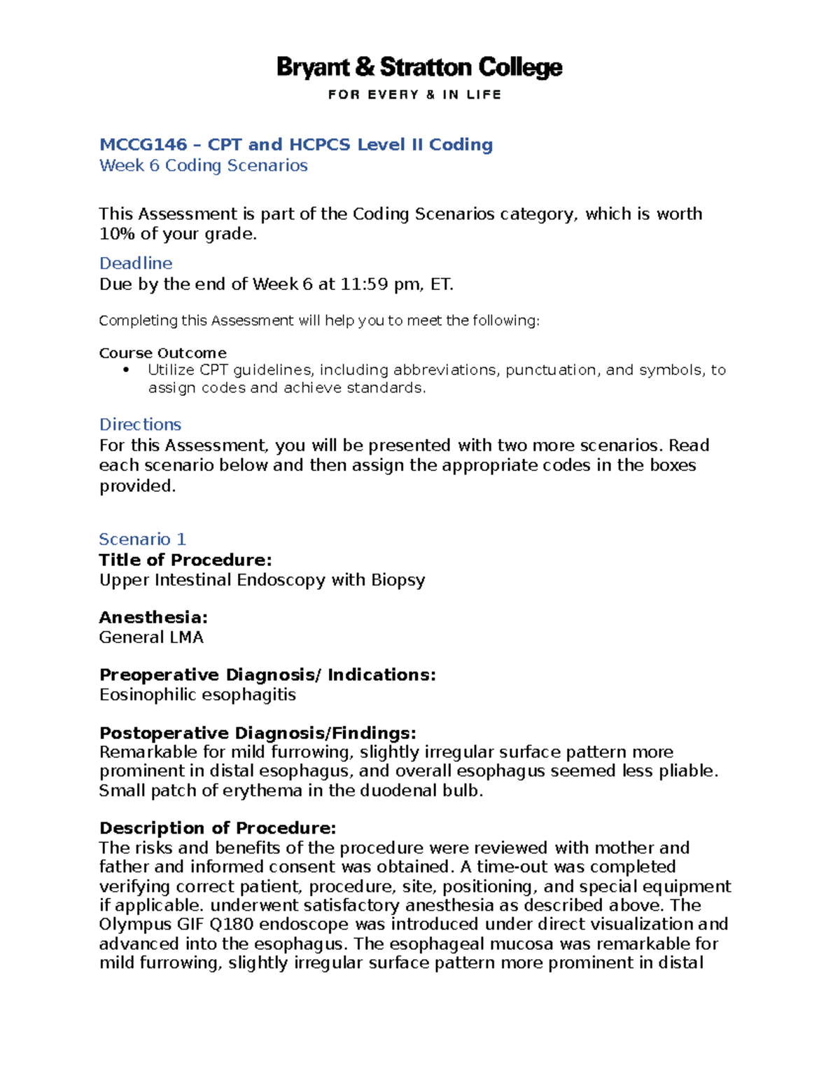 MCCG146 - Week 6 Coding Scenarios- Ciara Santos - MCCG146 – CPT and HCPCS Level II Coding Week 6 ...