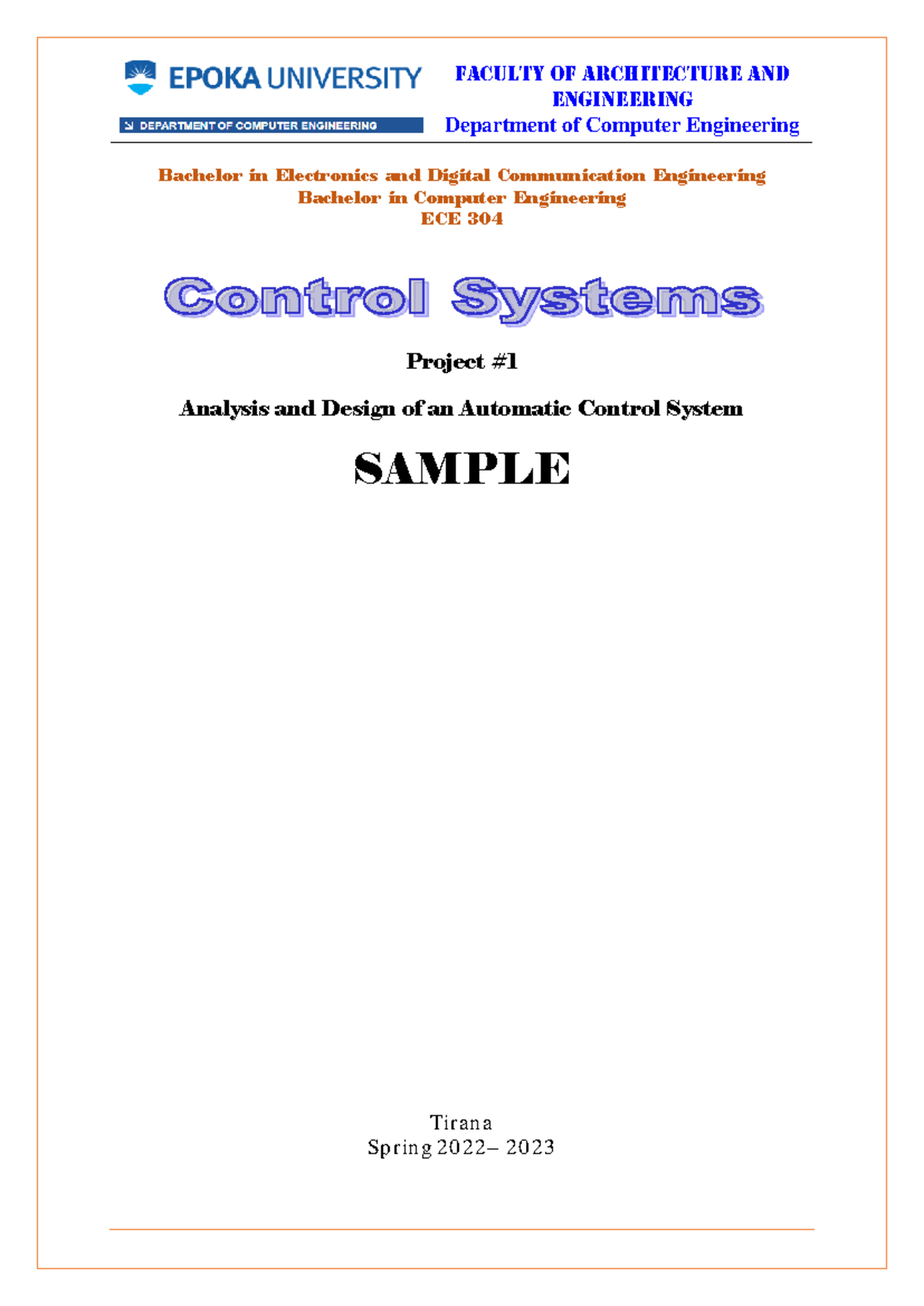 Project 1 - Control Systems - Faculty oF architecture and engineering ...