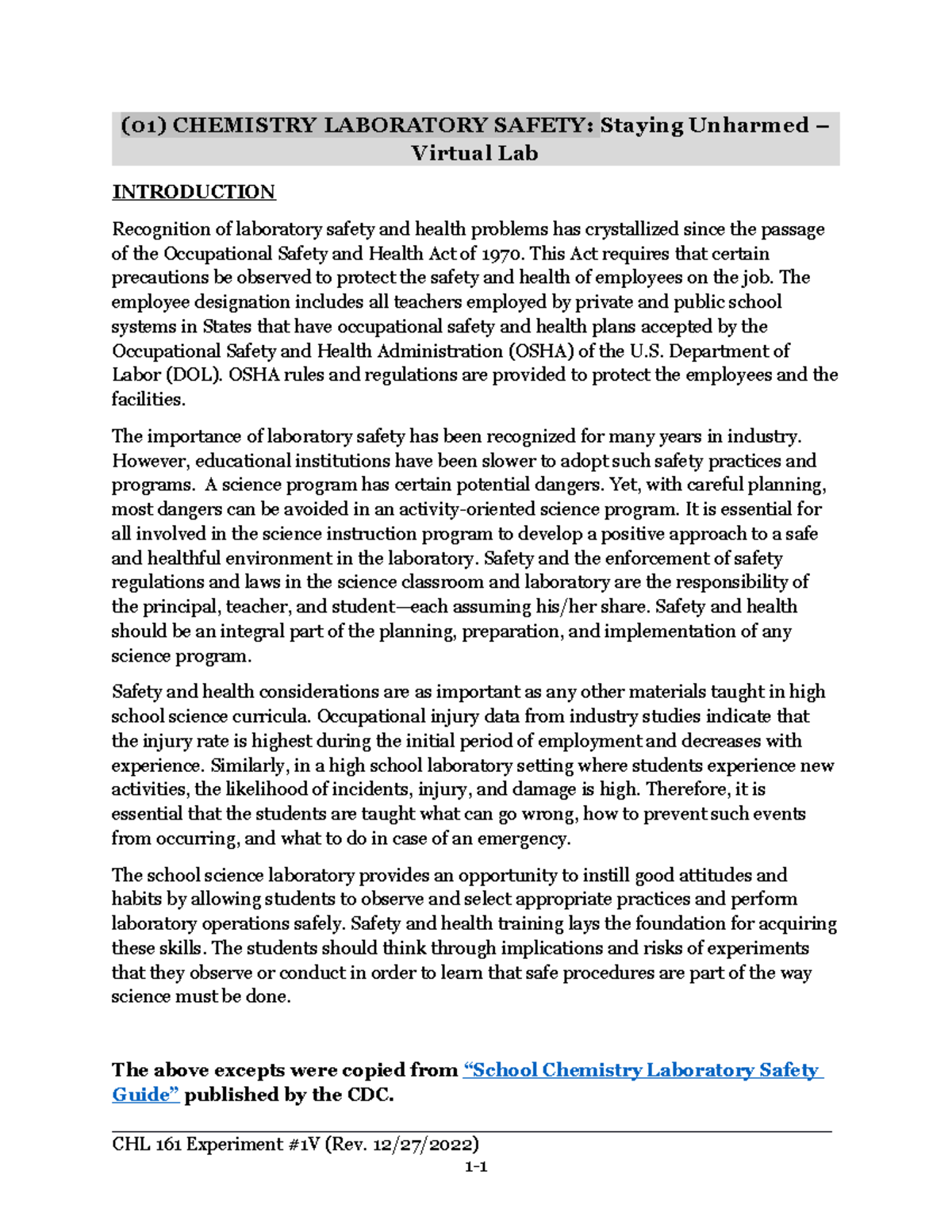 (01) Chemistry Laboratory Safety - Staying Unharmed – Virtual Lab - (01) CHEMISTRY LABORATORY ...