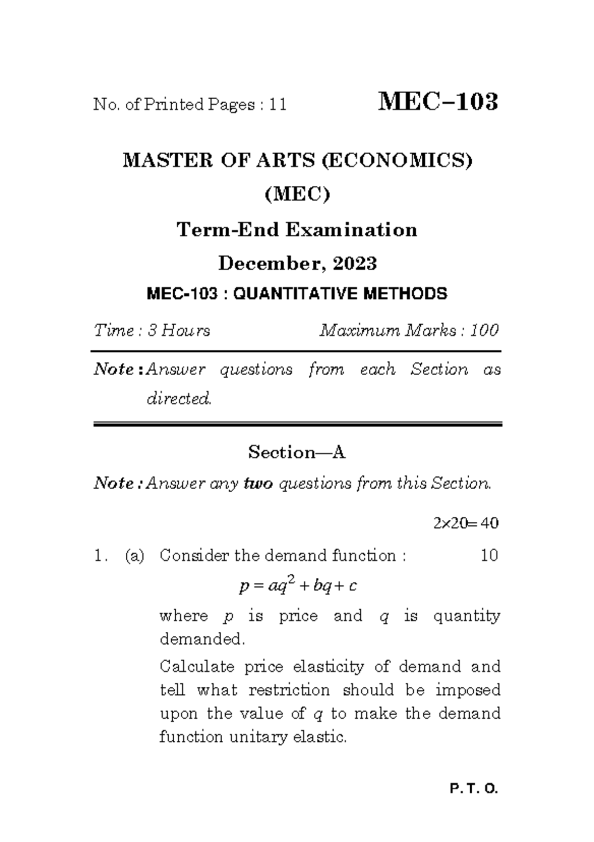 MEC-103 - MEC 103 quantitative methods December 2023 question paper - P. T. O. No. of Printed ...