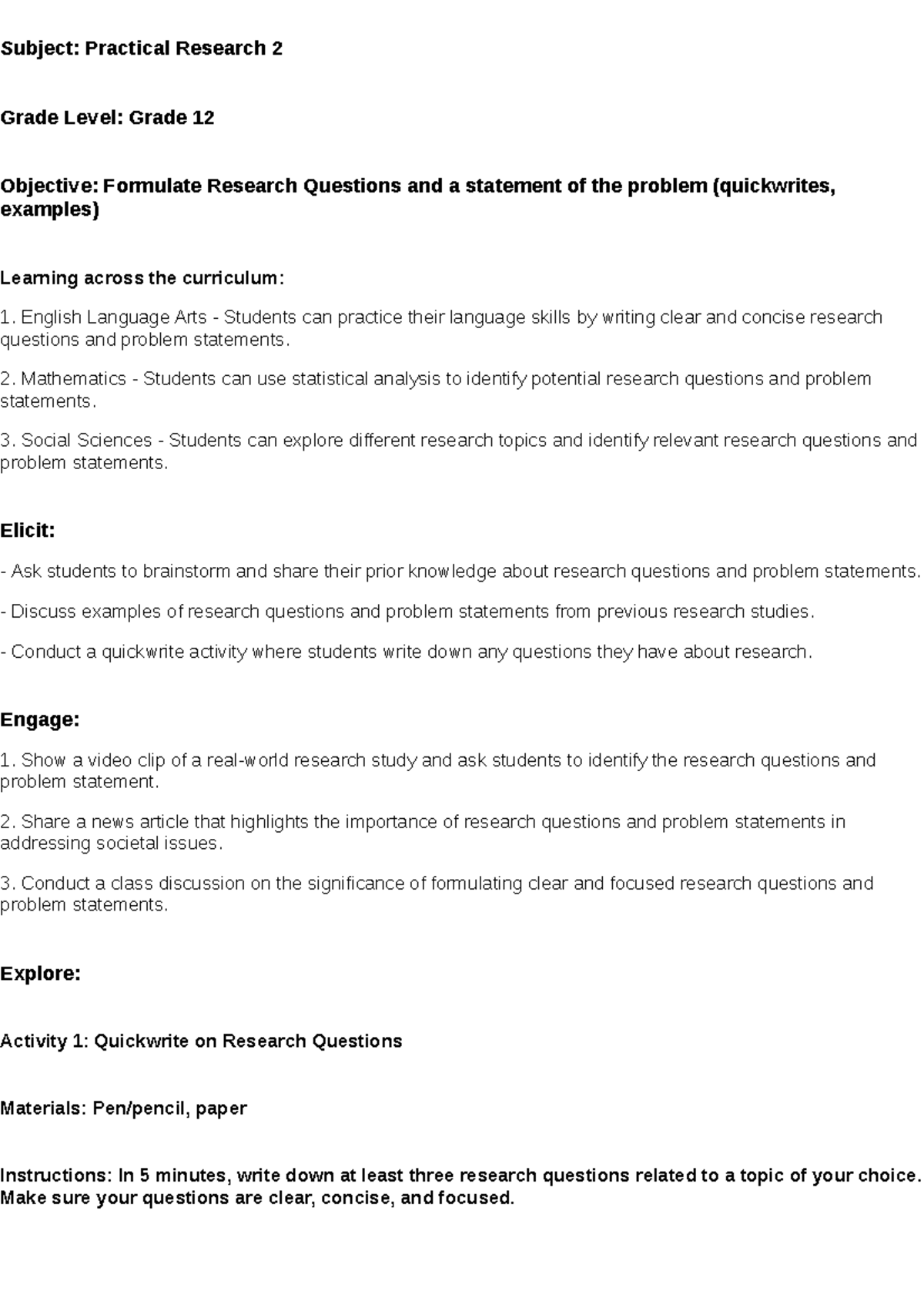 Lesson plan - do ndnnd - Subject: Practical Research 2 Grade Level ...