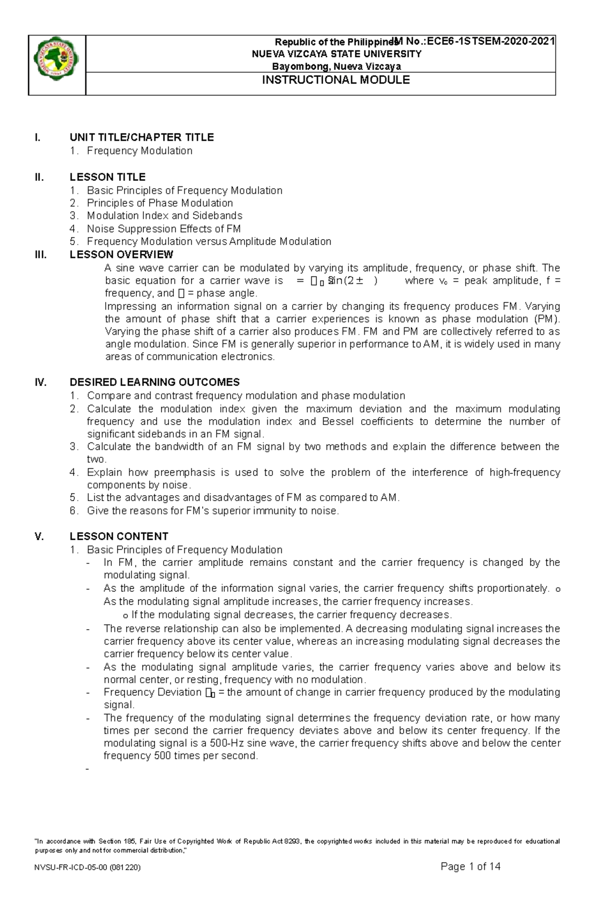 IM06-PC - 1. Basic Principles of Frequency Modulation 2. Principles of ...