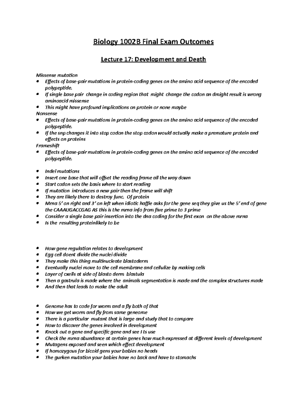 Final Exam Outcomes - notes - Biology 1002B Final Exam Outcomes Lecture ...