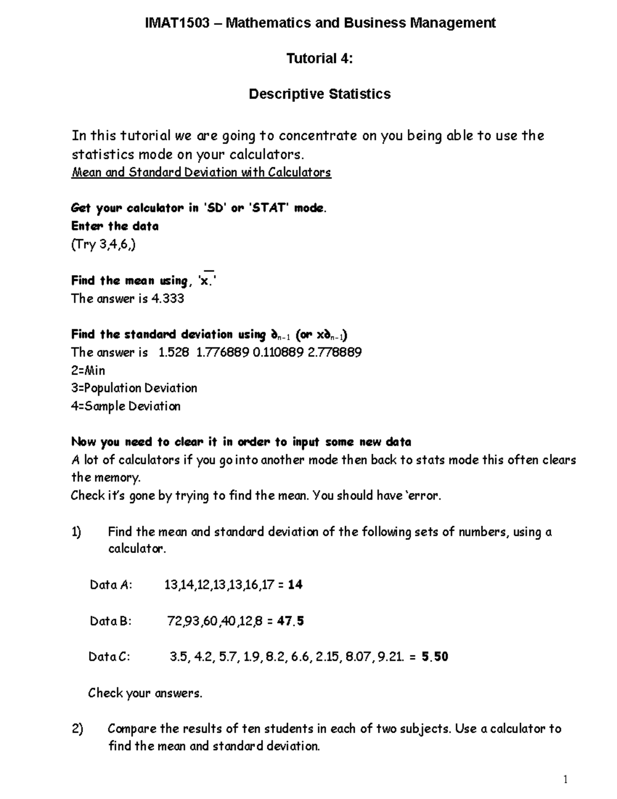 Tut 4 Descriptive Statistics - IMAT1503 – Mathematics and Business ...