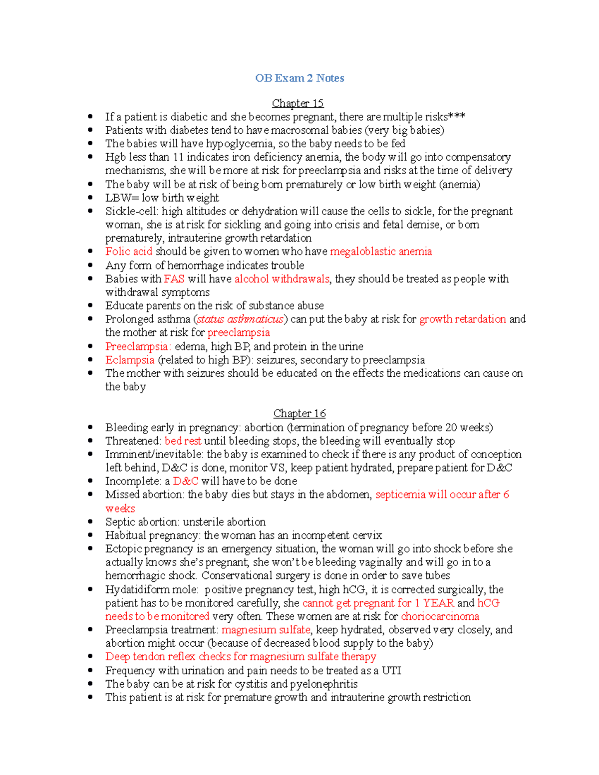 OB Exam 2 Notes - OB Exam 2 Notes Chapter 15 If a patient is diabetic ...