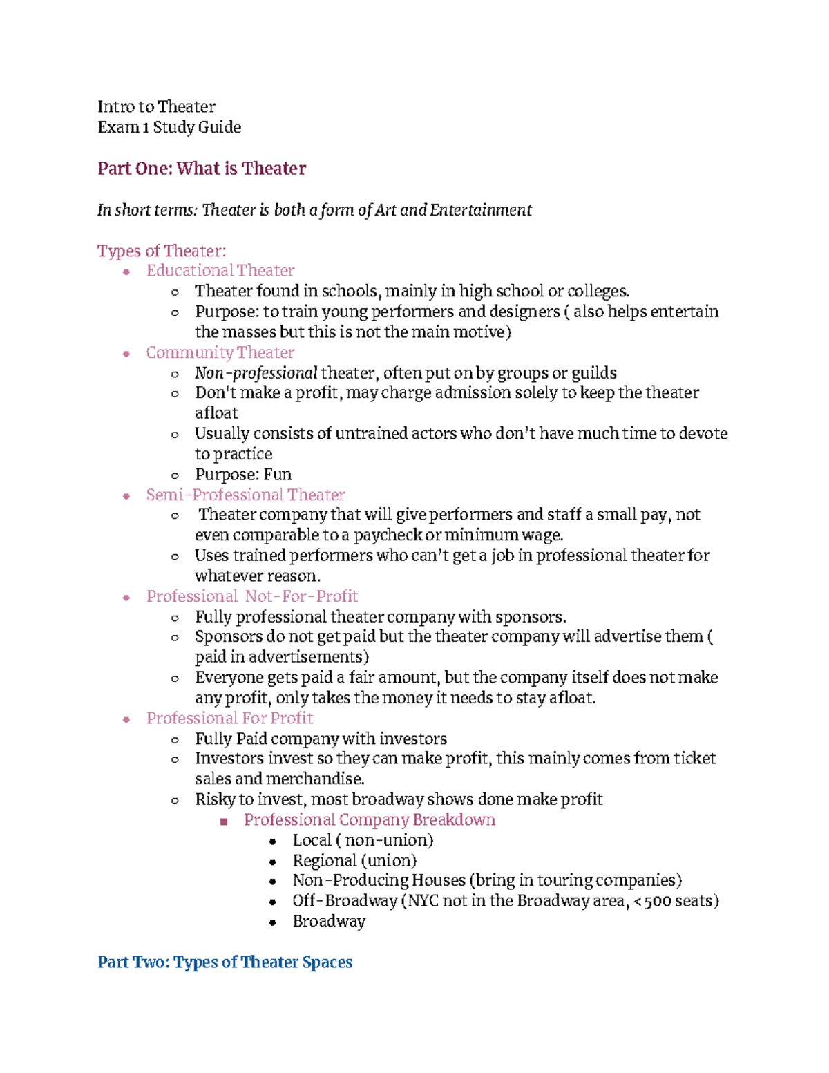 2018 Introduction to Theatre(THEA 100)-Exam 1 Study Guide - Intro to ...