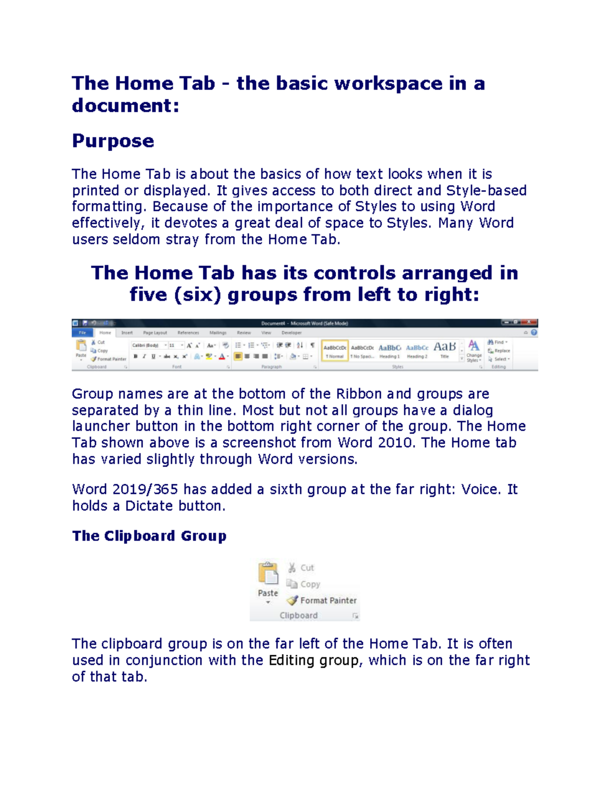 Home tab complete - The Home Tab - the basic workspace in a document: Purpose The Home Tab is ...