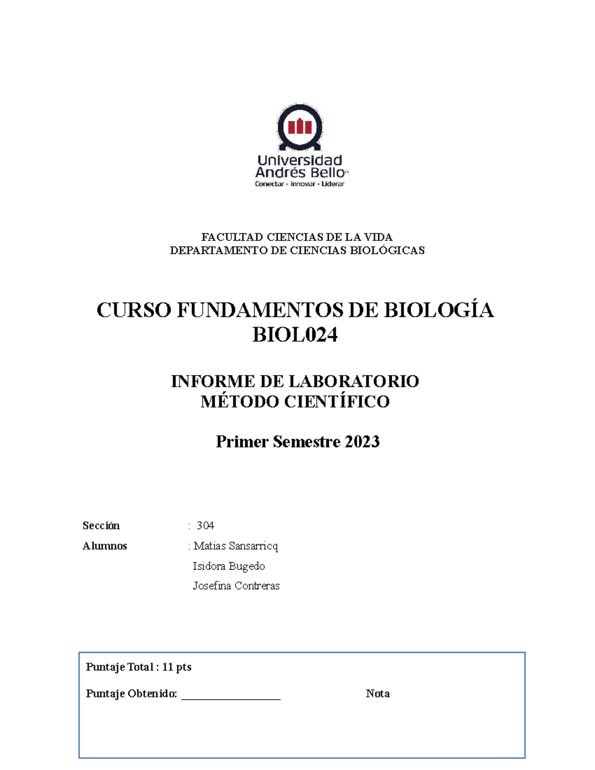 Informe laboratorio metodo cientifico - FACULTAD CIENCIAS DE LA VIDA ...