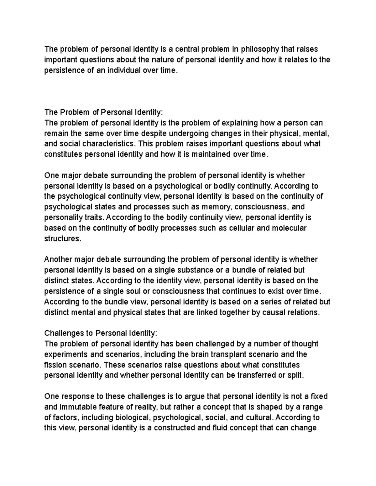 The Problem of Personal Identity - The Problem of Personal Identity ...