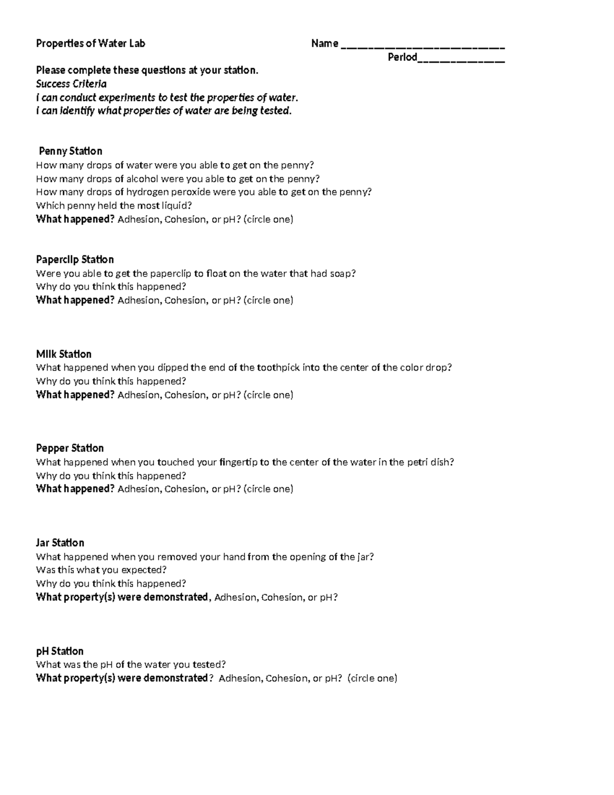 Trevor Ritchey ML Water Properties Student Sheet Properties Of