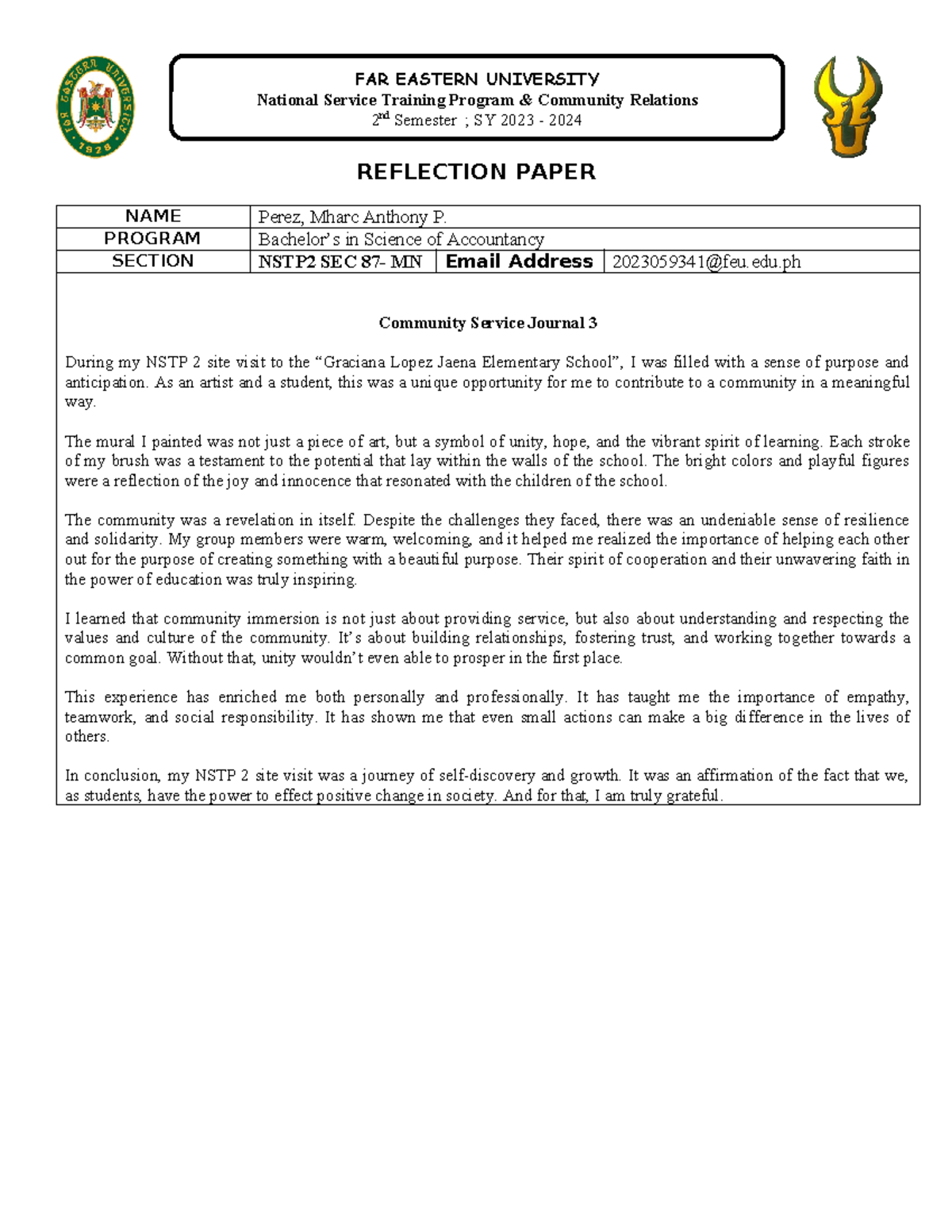 Community Service Journal 3 - REFLECTION PAPER NAME Perez, Mharc ...