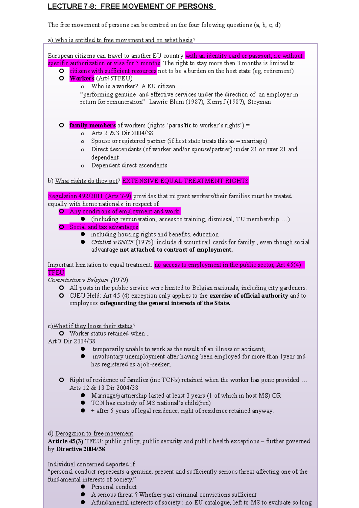 EU FMP Notes - LECTURE 7-8: FREE MOVEMENT OF PERSONS The free movement ...