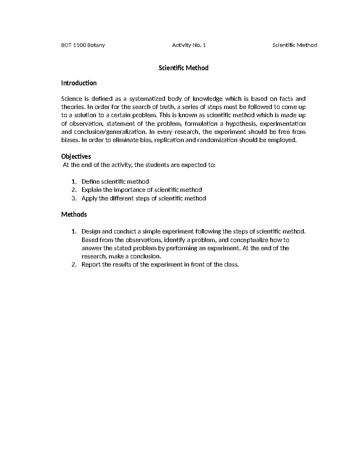 Act 1 Scientific Method - BOT 1100 Botany Activity No. 1 Scientific ...