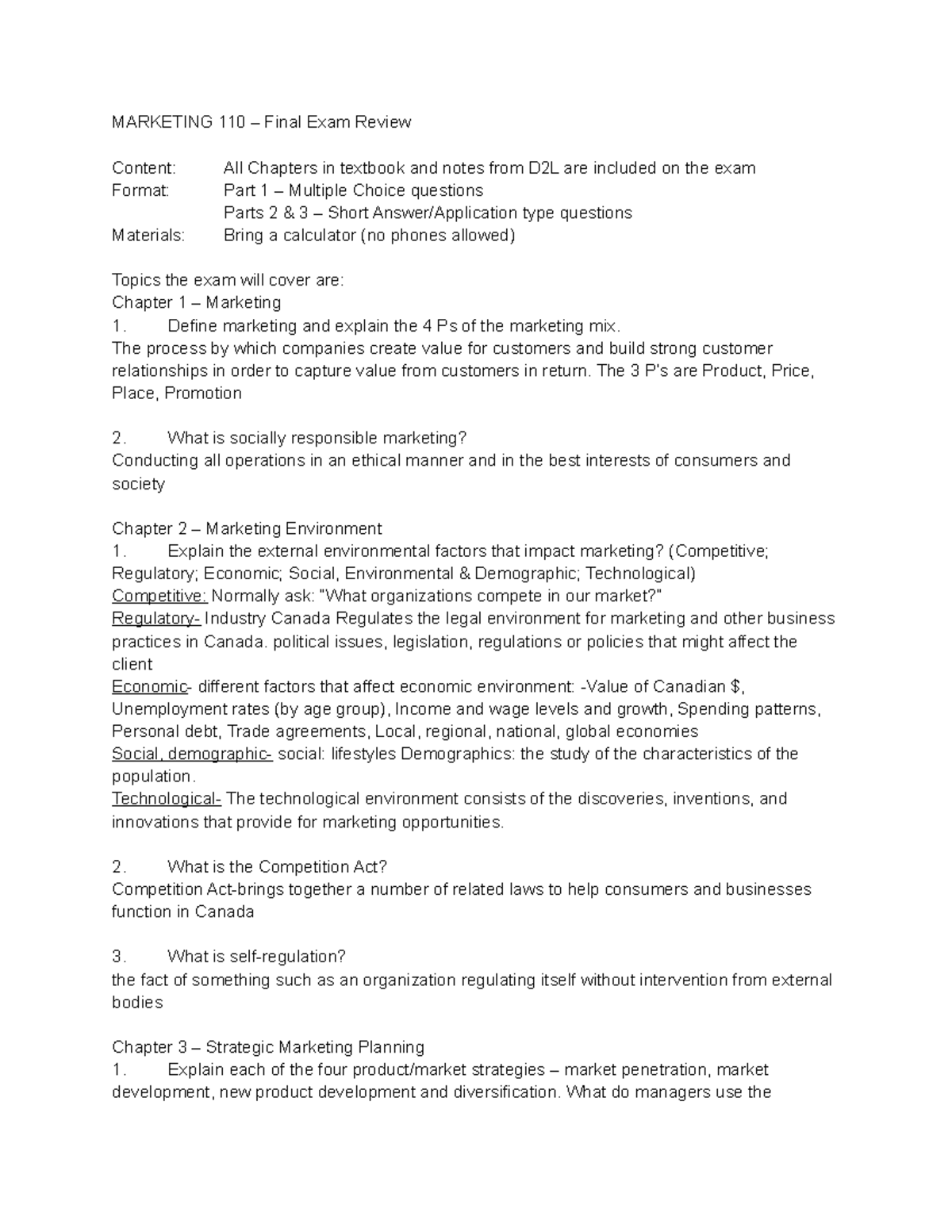 Mark 110 final exam review - MARKETING 110 Final Exam Review Content ...