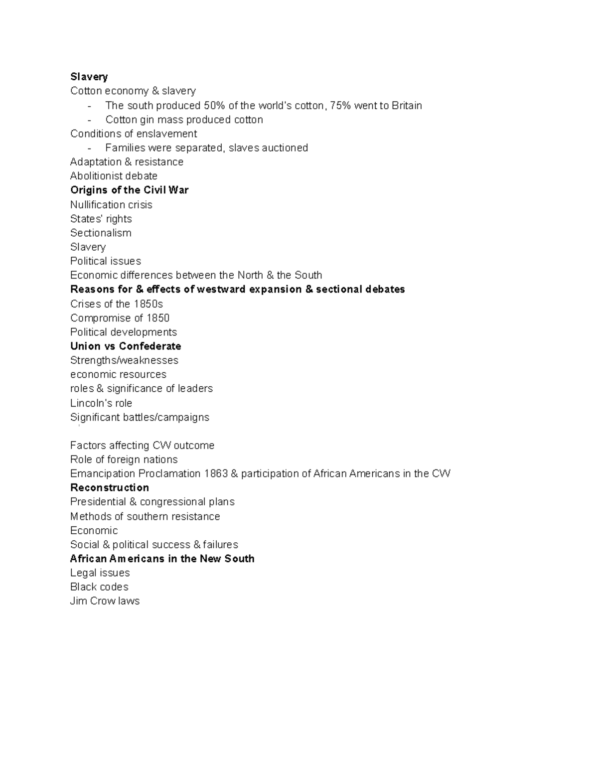 Civil War Outline - Slavery Cotton economy & slavery - The south ...
